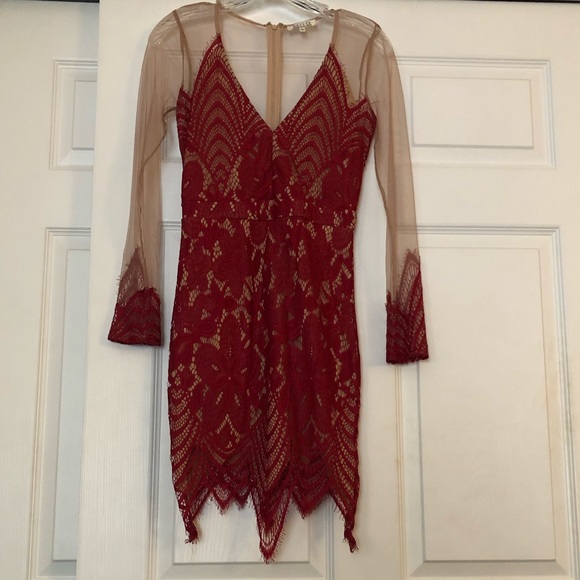 Dresses | Sexy Red Lace Dress With Sheer Sleeves And Back | Poshmark